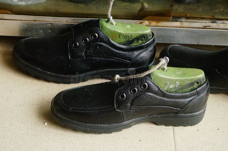 Leather Shoes Processing and Shoe Mould Stock Photo - Image of model ...