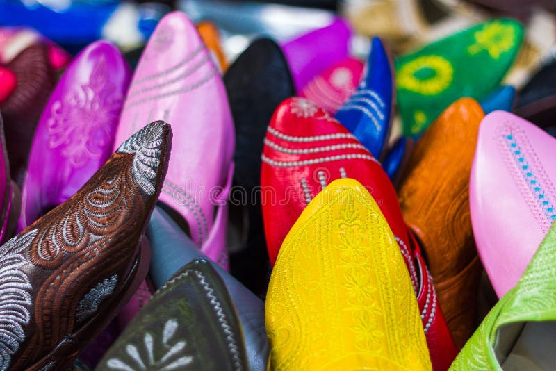 Leather slippers in a souk stock image. Image of decoration - 178267089