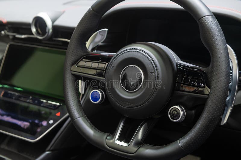 Leather Steering Wheel of Car with Luxurious Details Stock Photo ...