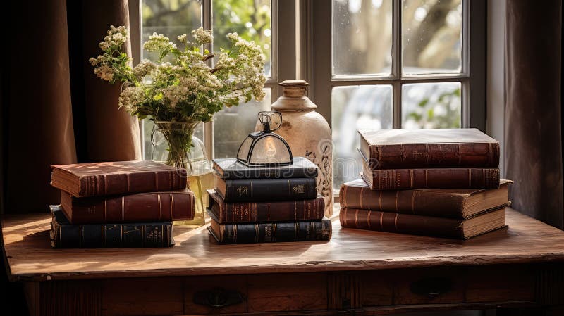 Leather table with books stock illustration. Illustration of sunlight ...