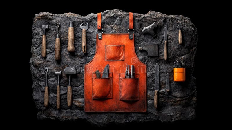 Leather Tool Apron with Various Tools Against a Textured Dark ...