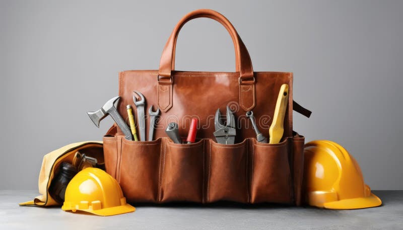 A Leather Tool Bag Filled with Various Tools, Alongside Construction ...