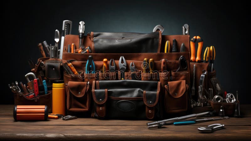 Leather Tool Bag with Many Pockets and Compartments on a Table of ...