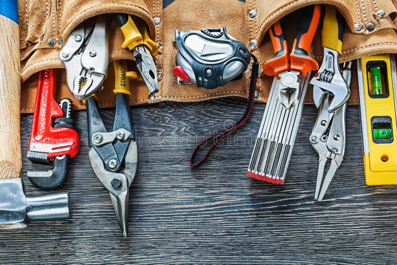 Leather Tool Belt Construction Tooling on Wooden Board Stock Photo ...