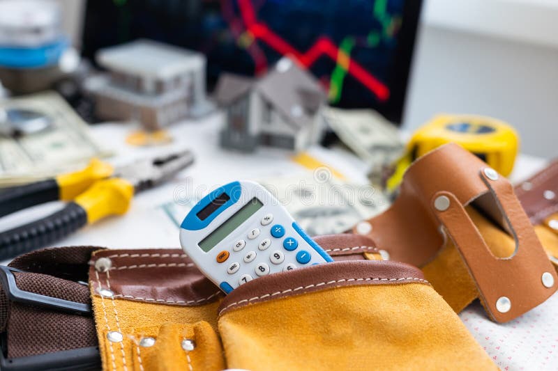 Leather Tool Belt with Construction Tooling on Wooden Board Maintenance ...