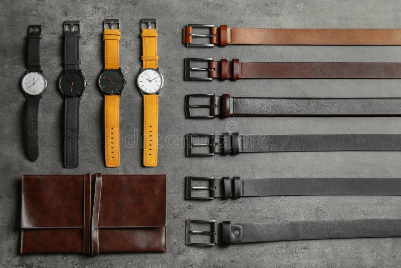 Leather Wallet, Belts and Wristwatches on Stone Table, Flat Lay Stock ...