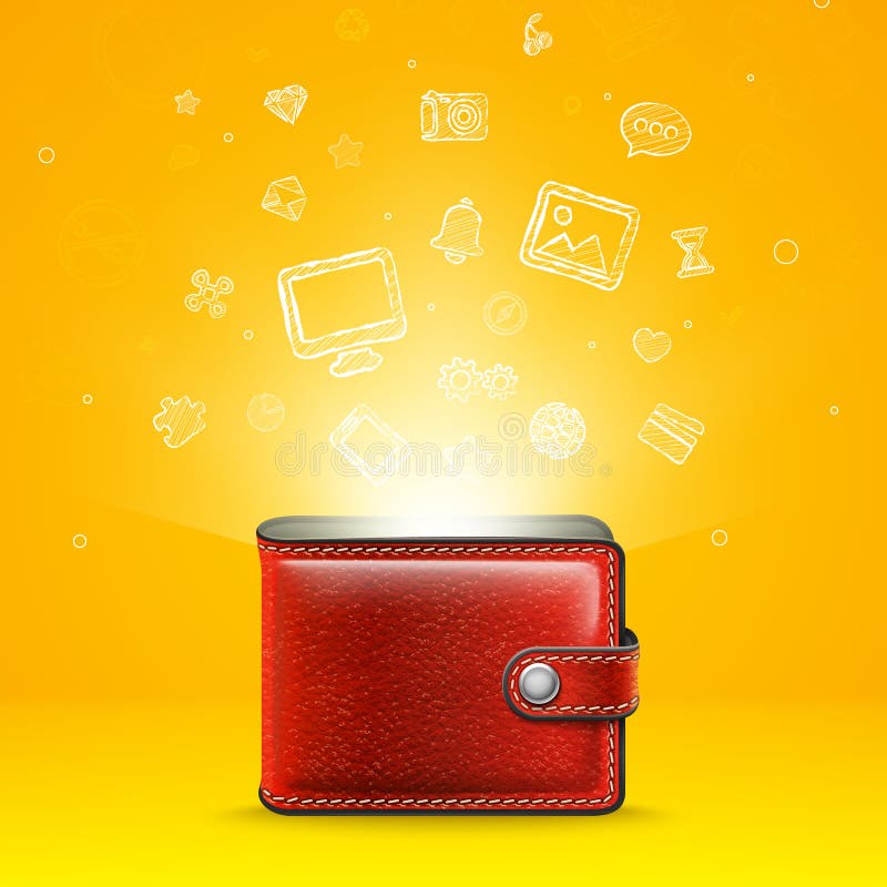 Leather Wallet with Glowing Icons Stock Vector - Illustration of ...