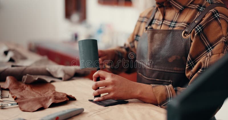Leather Work, Hands in Workshop with Hammer and Craft Manufacturing of ...