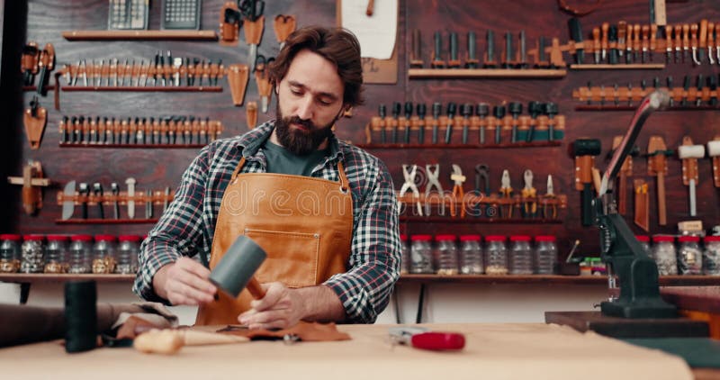 Leather Work, Hands in Workshop with Hammer and Craft Manufacturing of ...