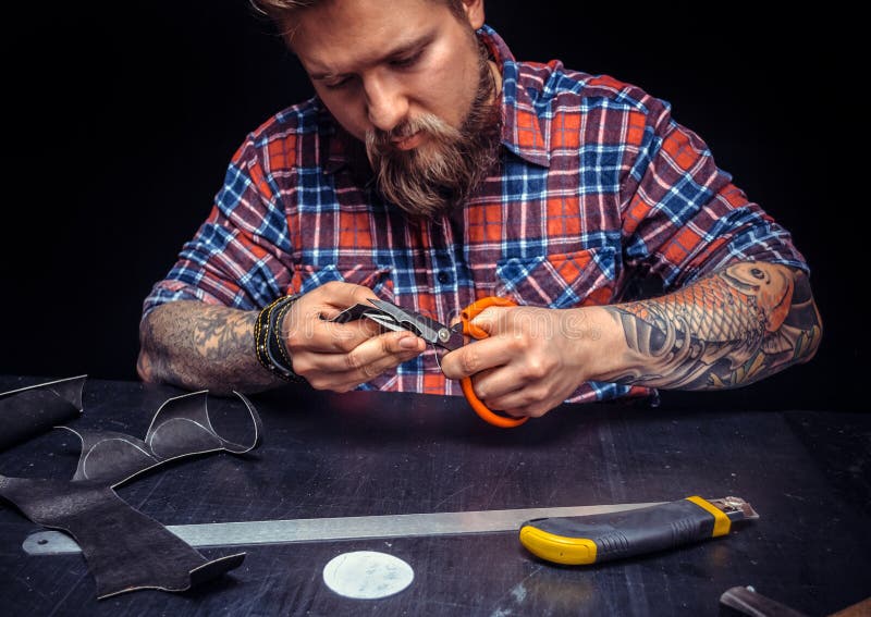 Leather Worker Producing a Leatherwork at Leather Studio Stock Image ...