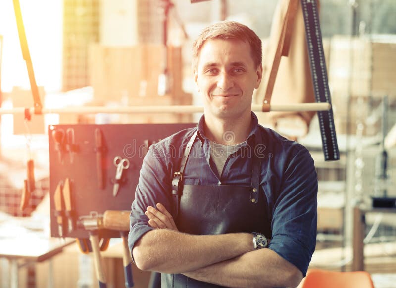 Leather workshop owner stock image. Image of professional - 77397491
