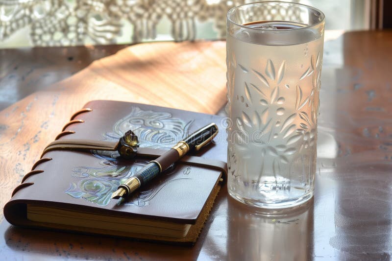 A Leatherbound Journal, Fancy Pen, and a Tall Glass of Water on the ...