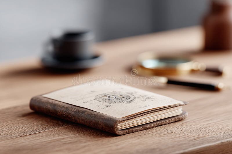 Leatherbound Journal with a Technical Drawing, Cup and Magnifying Glass ...
