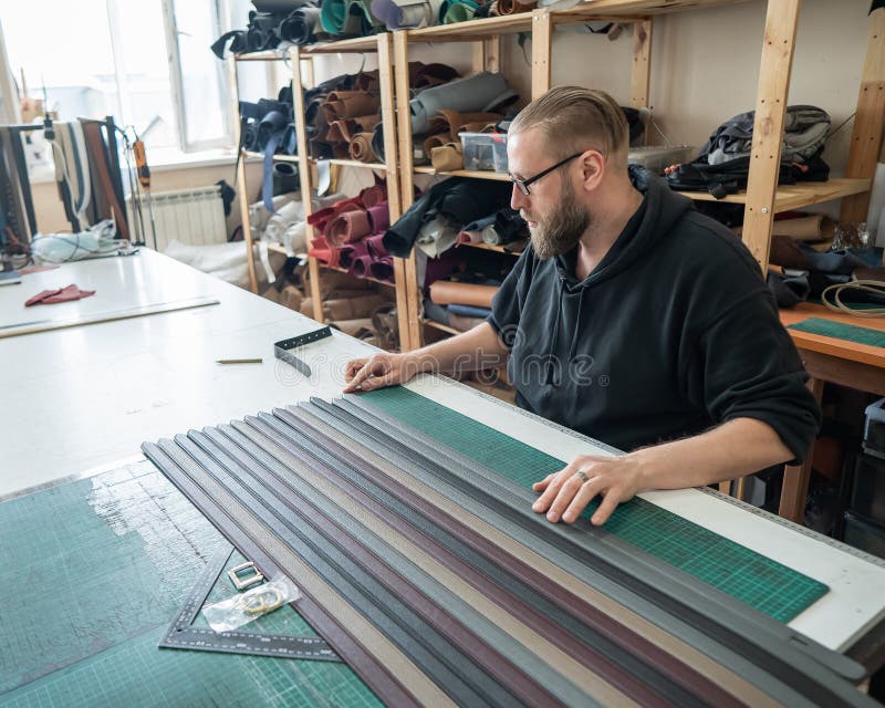 Leatherworker Making Leather Belts in Workshop. Stock Image - Image of ...