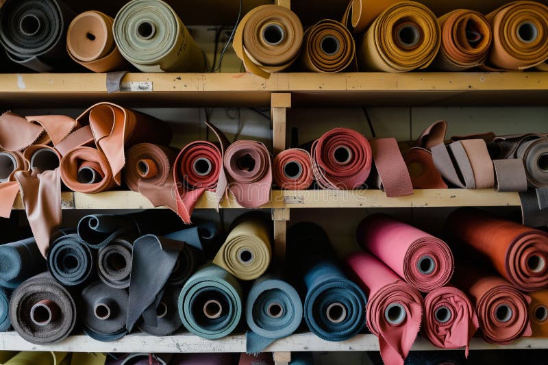 Leatherworker Organizing Rolls of Colored Leather on Shelves Stock ...