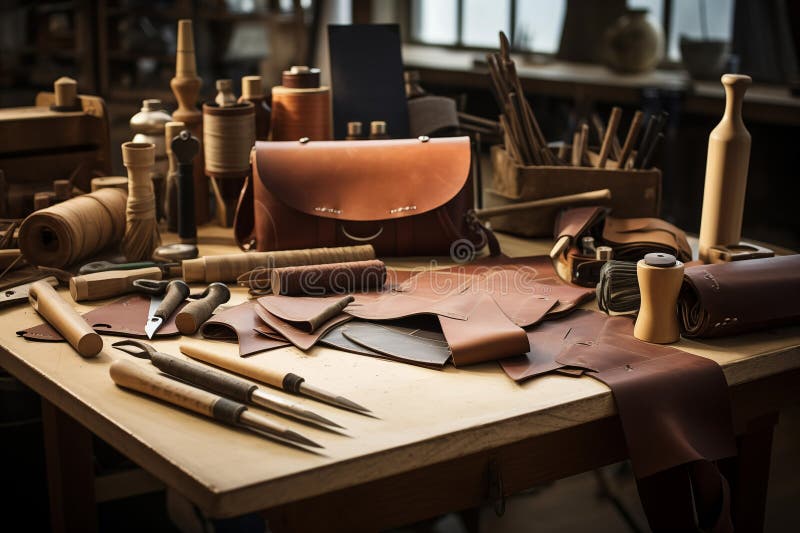 Leatherworking Tools and Supplies at Craftsmanship Workshop Table ...