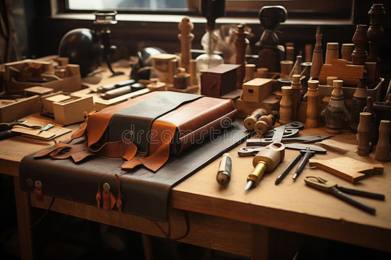 Leatherworking Tools and Supplies at Craftsmanship Workshop Table ...