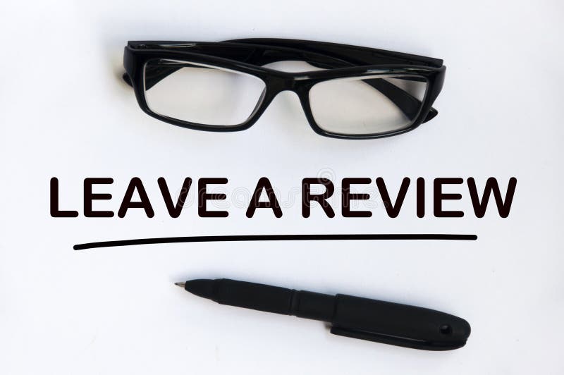 Leave a Review Text on White Cover with Pen and Glasses Background ...