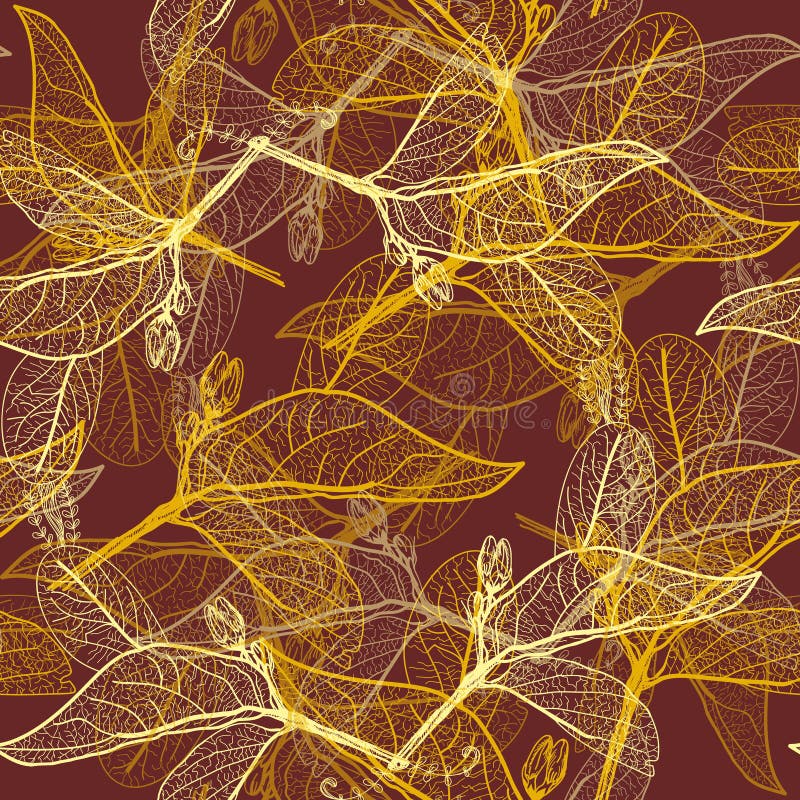 Leaves Contours on Brown Background. Floral Seamless Pattern, Hand ...