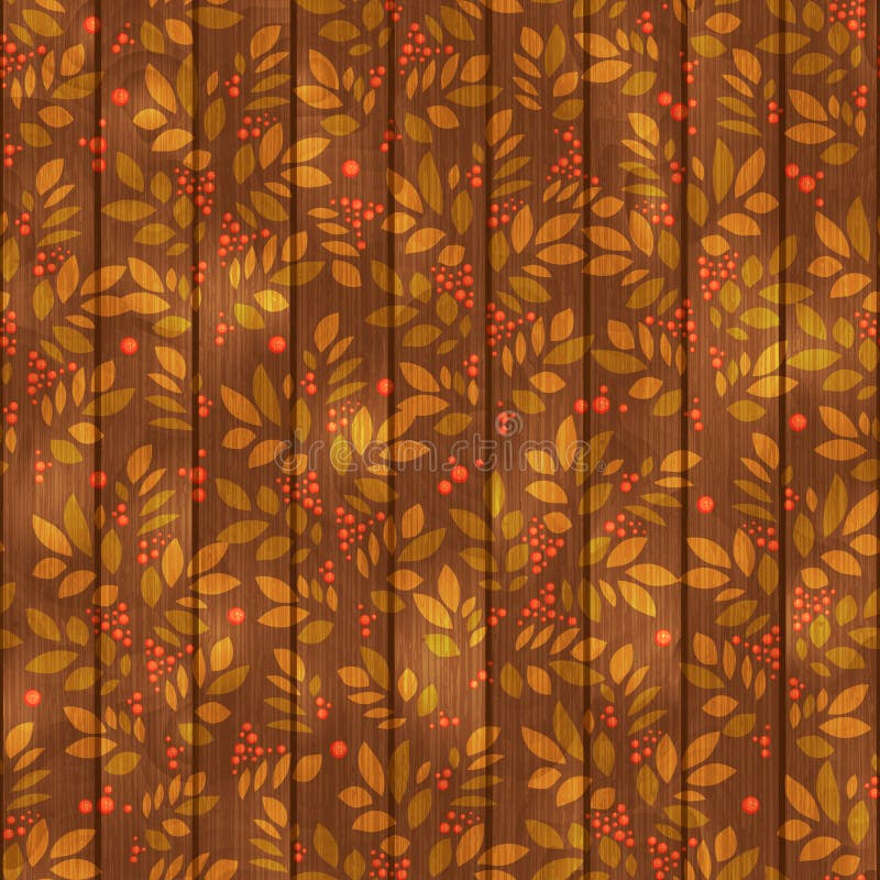 Leaves Endless Pattern with Leaf and Berry on Wooden Background Stock ...