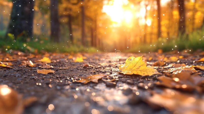 Leaves Falling on the Path with Soft Sunlight and Water Drops Stock ...