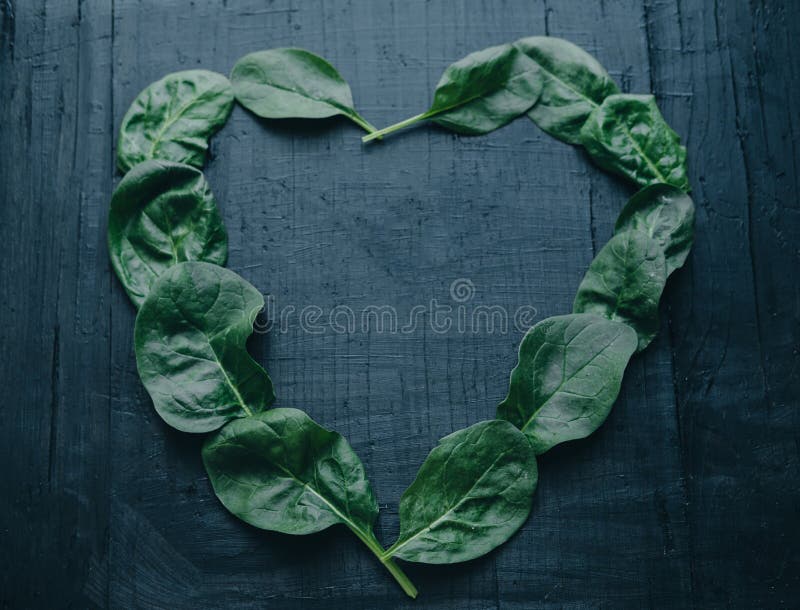 Leaves of Fresh Spinach in the Form of Heart on a Black Board Stock ...