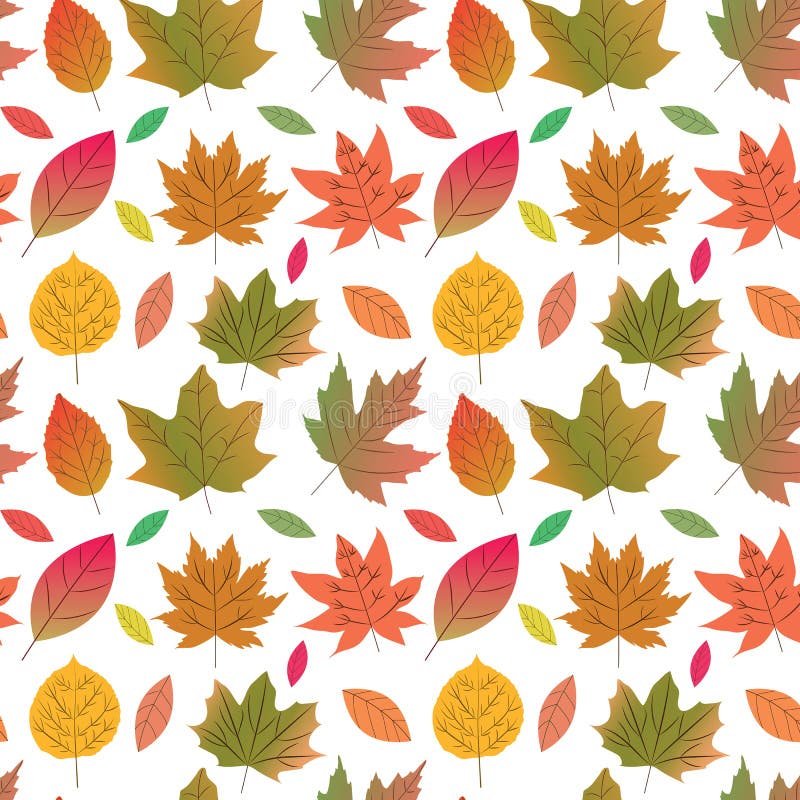 Cute Fall Leaves Seamless Pattern in Bright Colors on White Background ...