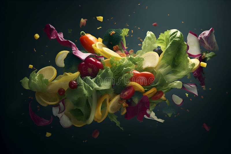 Leaves of Salad Greens and Vegetables Fall on a Gray Background ...