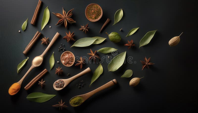 Leaves and Spices Levitate Against a Dark Background Creating a Visual ...