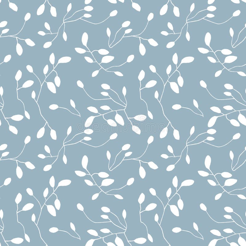 Leaves and Twigs Seamless Pattern Hand Drawn. White Greenery on Blue ...