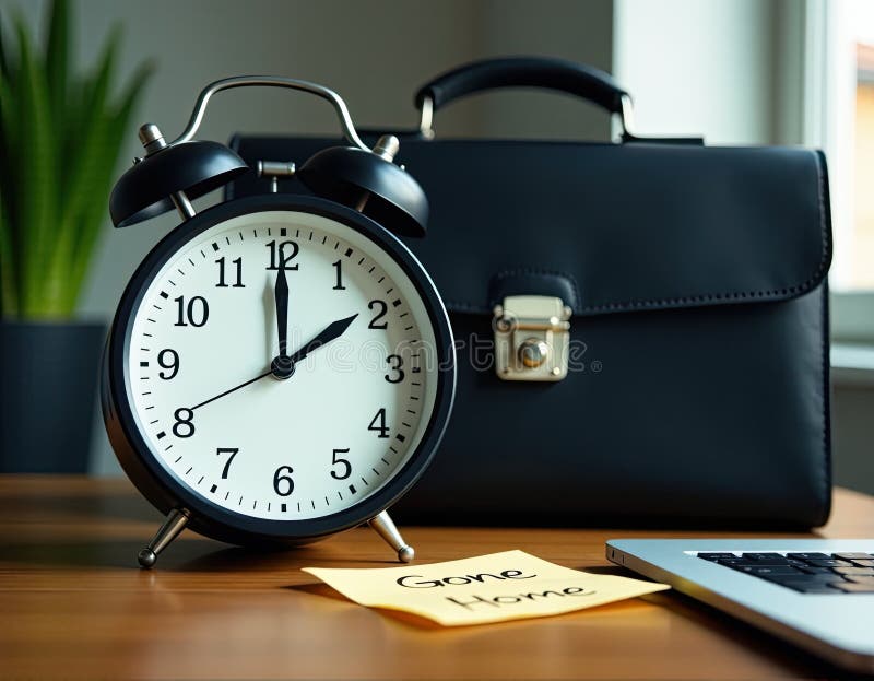 Leaving Work Early Alarm Clock, Briefcase, and "Gone Home" Note Stock Illustration ...
