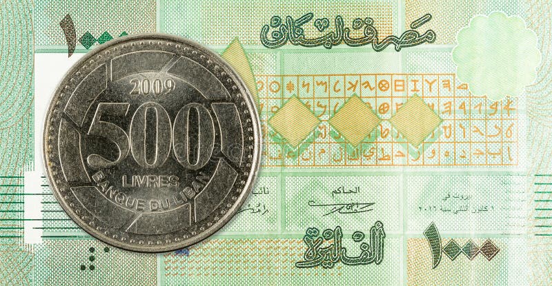 500 Lebanese Pound Coin Against 1000 Lebanese Pound Bank Note Obverse ...