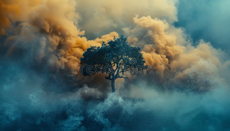 Lebanon Cedar Tree Standing in Cloud of Smoke Stock Illustration ...