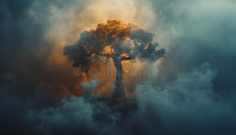Lebanon Cedar Tree Standing in Cloud of Smoke Stock Illustration ...