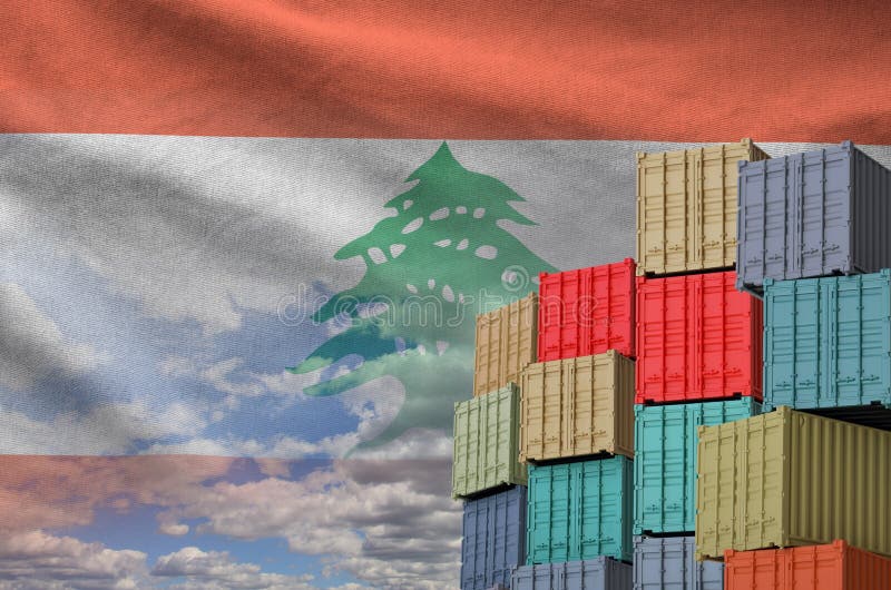 Lebanon Flag and Big Stack of Shipping Cargo Containers in Docks with ...