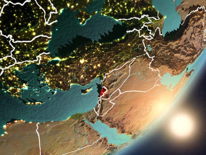Sun Rising Above Lebanon from Space Stock Illustration - Illustration ...