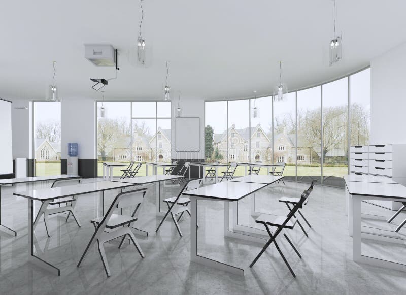 Lecture Chairs and Desk in a Class Room with Panoramic Windows Stock ...