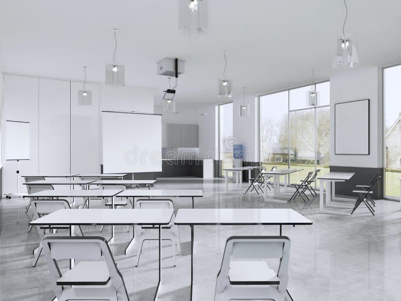 Lecture Chairs and Desk in a Class Room with Panoramic Windows Stock ...