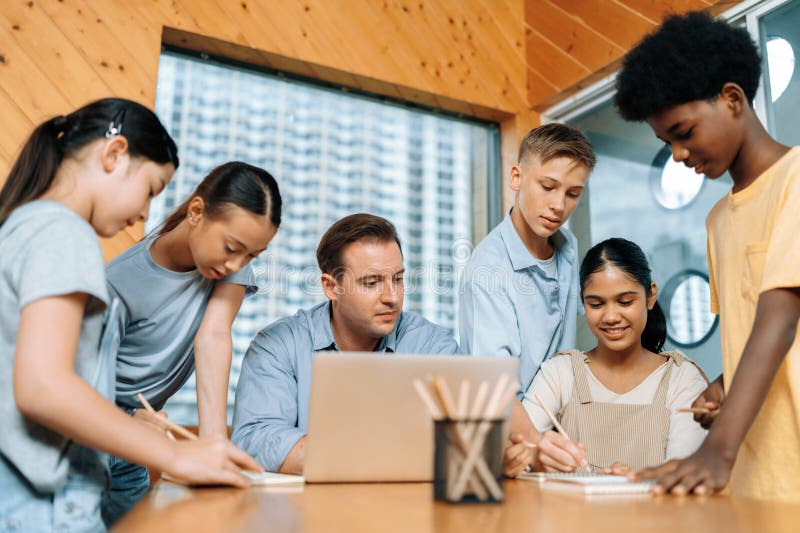 Students Stand and Separate To Two Group for Taking Note Together ...