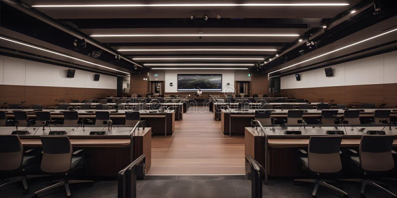 A Lecture Hall with Rows of Desks and a Large Screen at T Created with ...