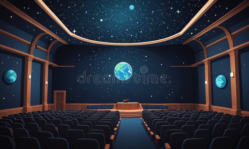 Lecture Hall with Starry Ceiling, Planet Earth Image, and Rows Black ...