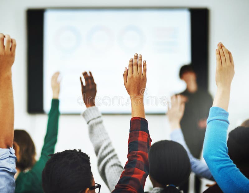 Lecture, Hands and Student with Question, Back and Learners in ...