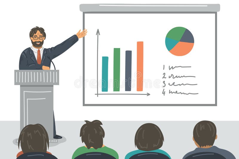 Lecture. Speaker with Book Talking at Podium Tribune Stock Vector ...