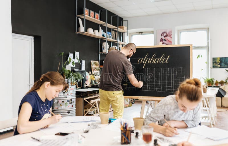 Lecture and Training in Calligraphy Office for a Group of People Stock ...