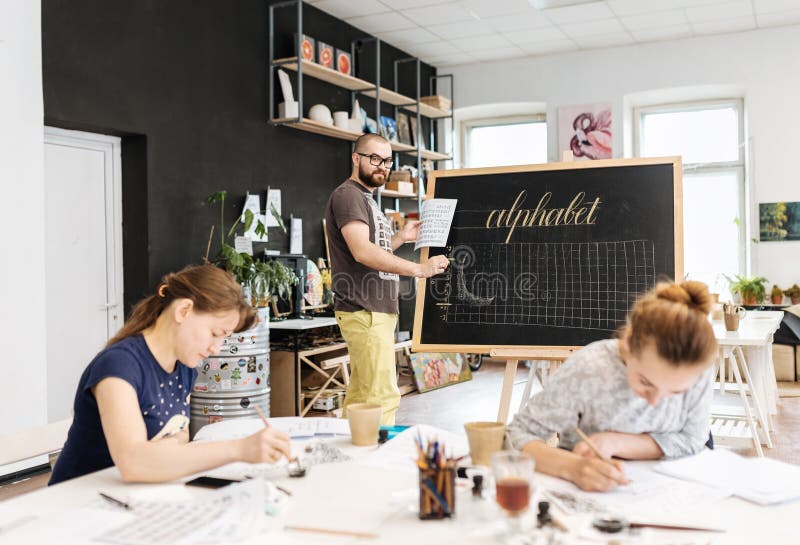 Lecture and Training in Calligraphy Office for a Group of People Stock ...