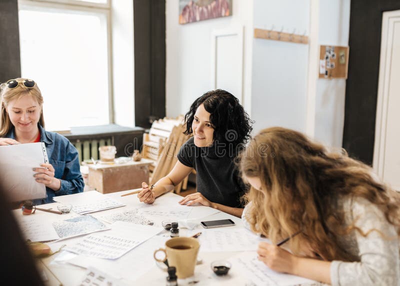 Lecture And Training In Calligraphy Office For A Group Of People Stock ...