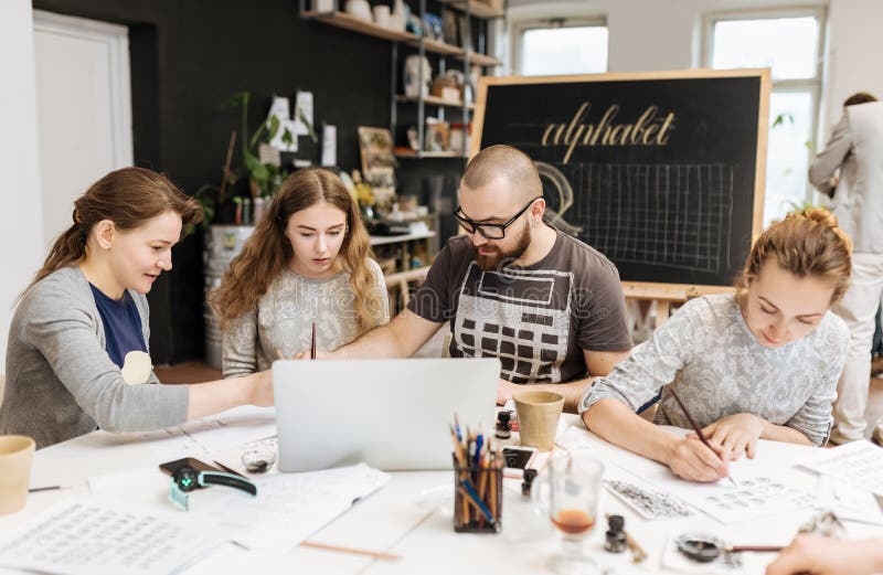 Lecture and Training in Calligraphy Office for a Group of People Stock ...