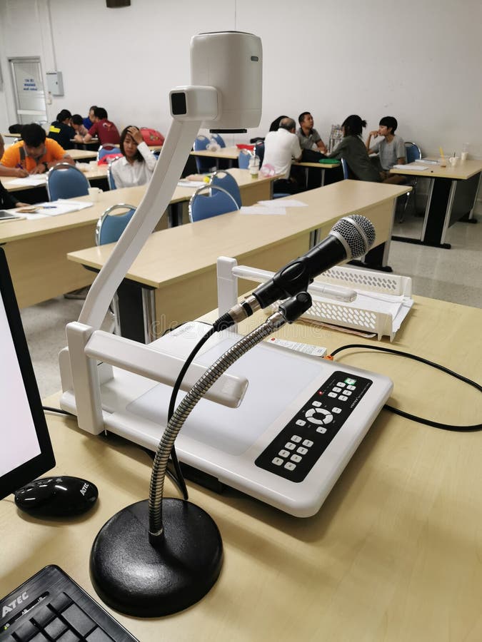 The Lecturer Table in Classroom with Visualizer and Microphone ...