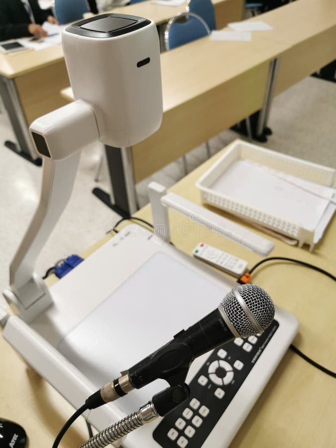 The Lecturer Table in Classroom with Visualizer and Microphone Stock ...