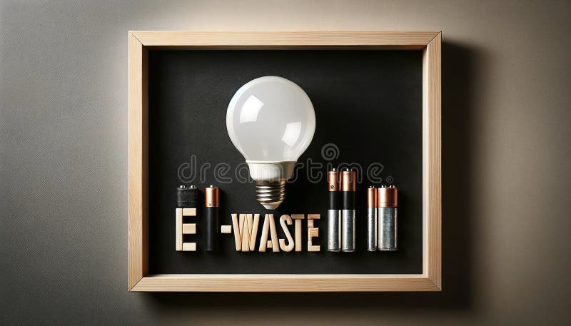 LED Bulb and Batteries in the Trash Can. Garbage Sorting Concept Stock ...